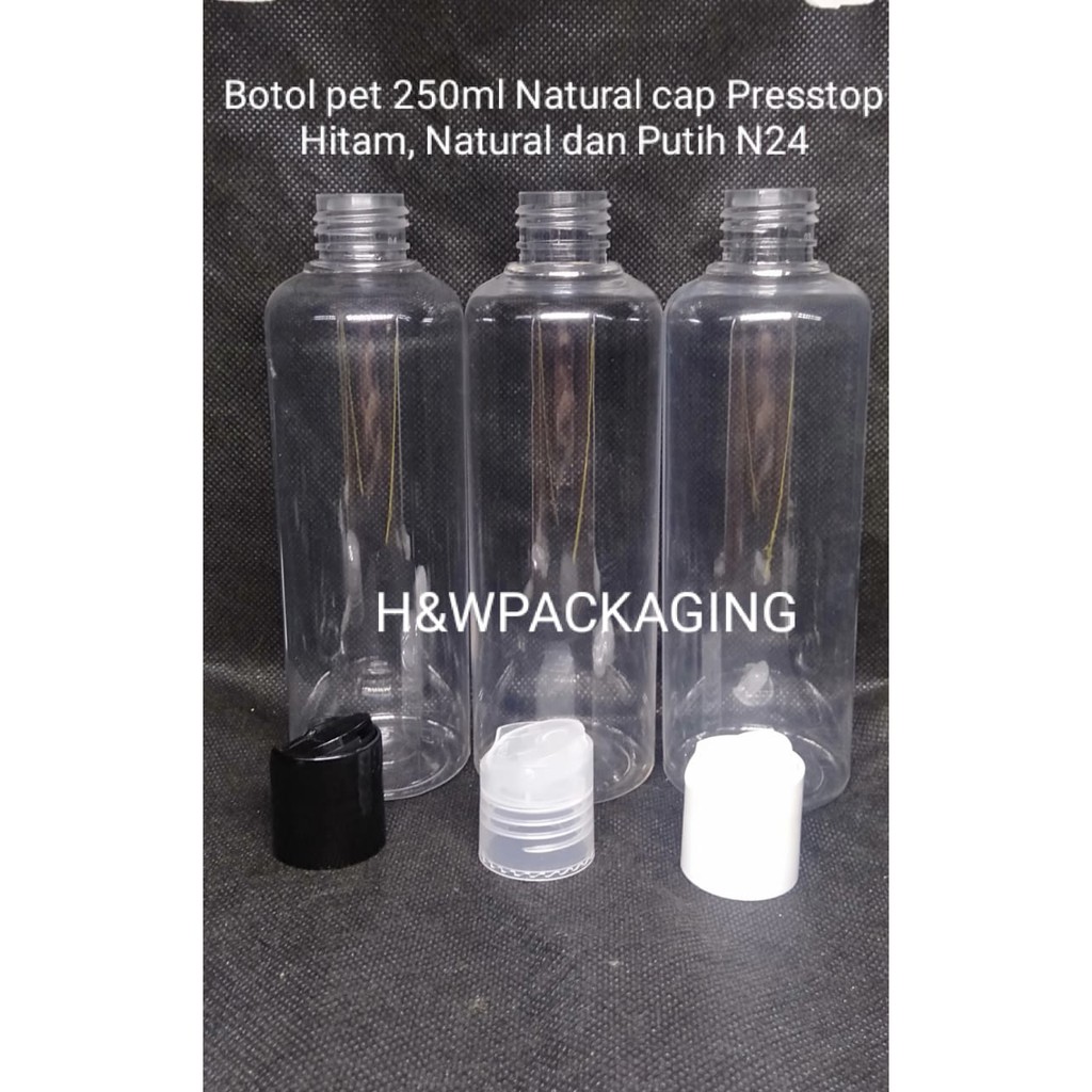 Jual Botol pet 250ml Natural cap Presstop Hitam, Natural dan Putih N24 | Shopee Indonesia