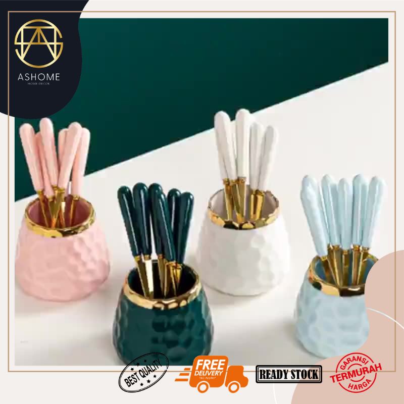 Jual ASHOME Tempat Sendok Kue Keramik Motif Totol Glossy List Gold ...