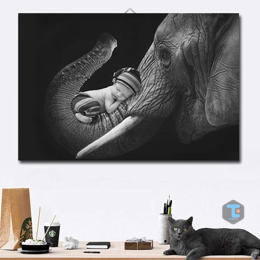 Jual Poster Desain Gambar Hewan Gajah dengan Anak Kecil Dekor Ruangan ...