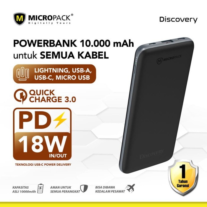 Jual Micropack Power Bank 10000mAh 3 Input Micro USB/USB C/Lightning ...