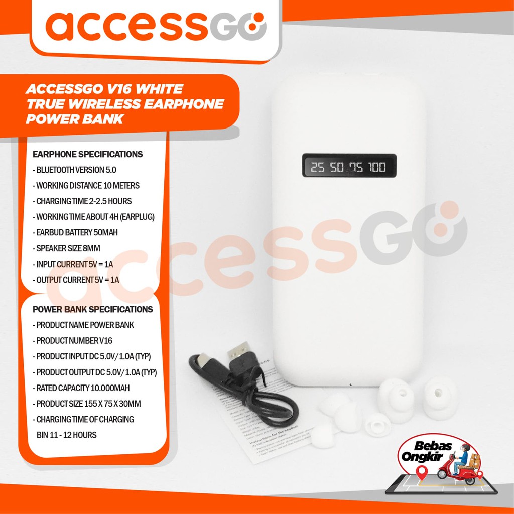 Jual ACCESSGO POWERBANK 10000MAH PLUS EARBUDS WHITE | Shopee Indonesia