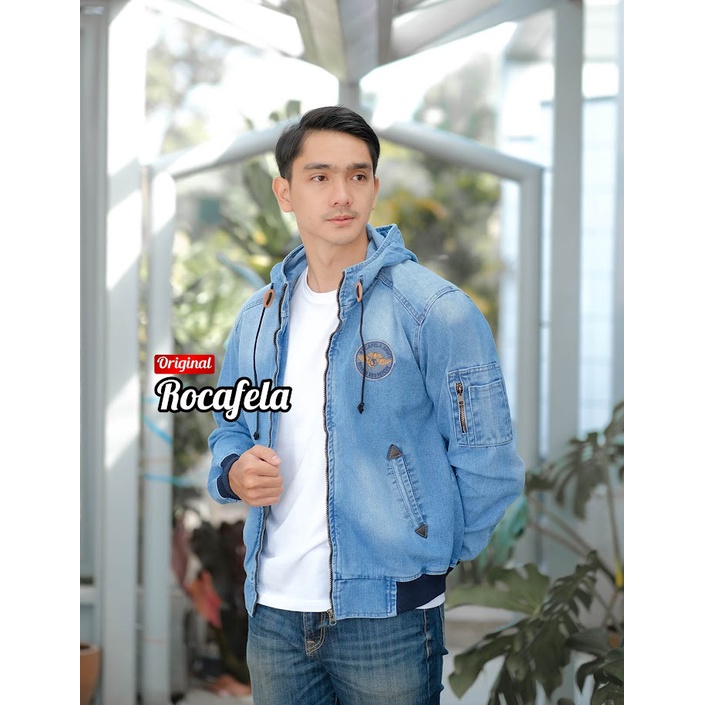 Jual (COD)Jaket Jeans Denim Bomber Kupluk | Jaket Bomber Blue Blitz ...