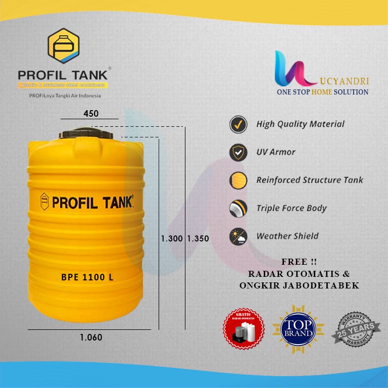Jual Tangki Air Plastik Profil Tank BPE 1100 Liter, Tandon Air, Toren ...