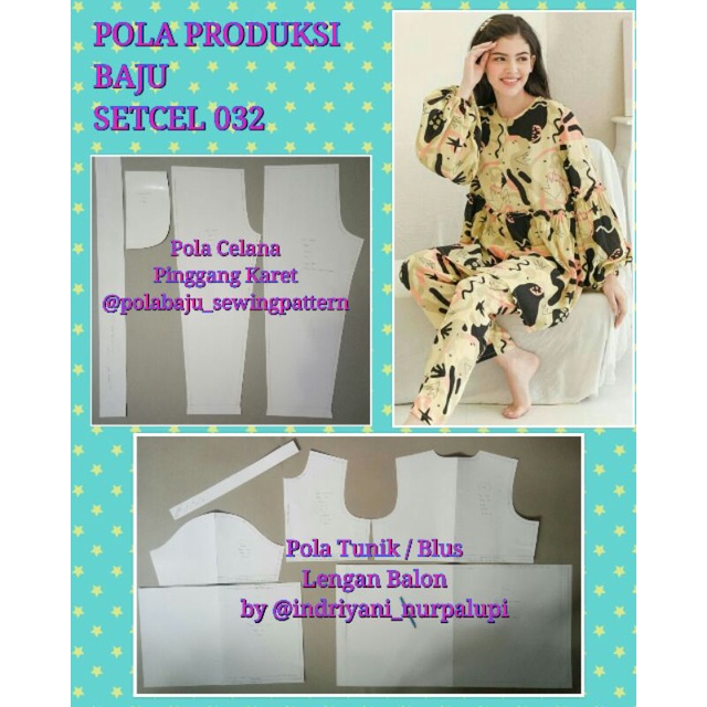 Jual Pola Baju Untuk Produksi Setcel 032 Tunik Lengan Balon dan Celana - Pola jahit - sewing ...