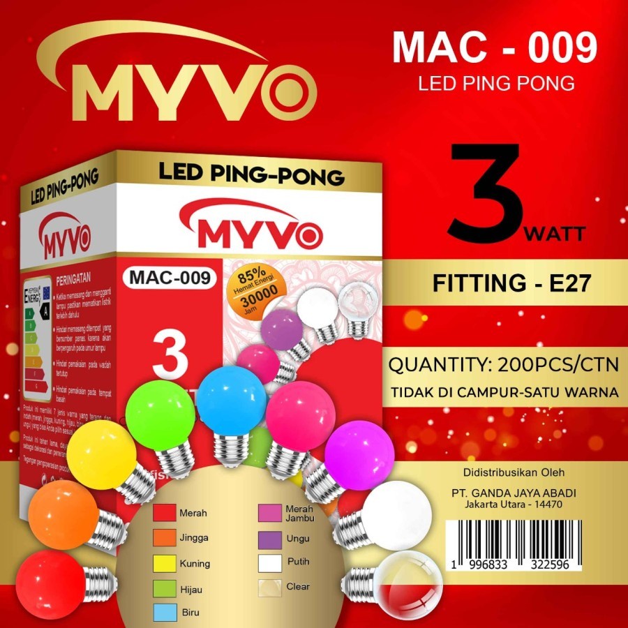 Jual LAMPU LED WARNA WARNI PING PONG MERK MYVO 3 WATT/ LAMPU HIAS PING PONG - Putih | Shopee ...