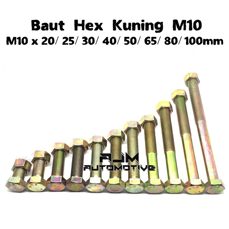 Jual Baut Mur Hex Kuning M10 x 20 25 30 40 50 65 80 100 mm Hexagon Bolt | Shopee Indonesia