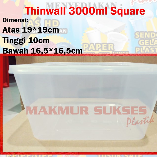 Jual Thinwall Square Ecer 3000 Ml Kotak Makan Persegi Plastik Bening