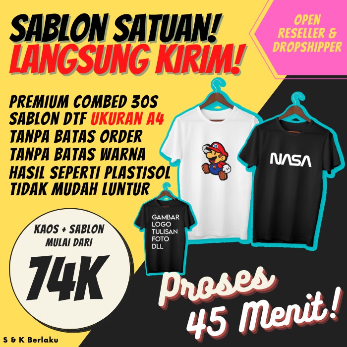 Jual Sablon Kaos Satuan/ Custom Kaos/ Sablon DTF - A4 (Dapat KAOS ...