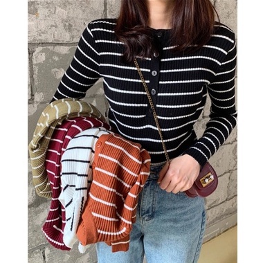 Jual CAMARO Sweater Rajut Striped Kancing Gold | Shopee Indonesia