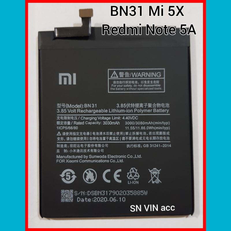 Jual Baterai Batre Xiaomi Mi 5X Redmi Note 5A Mi A1 BN31 ORIGINAL Battery Batere Xiaomi Mi 5x ...