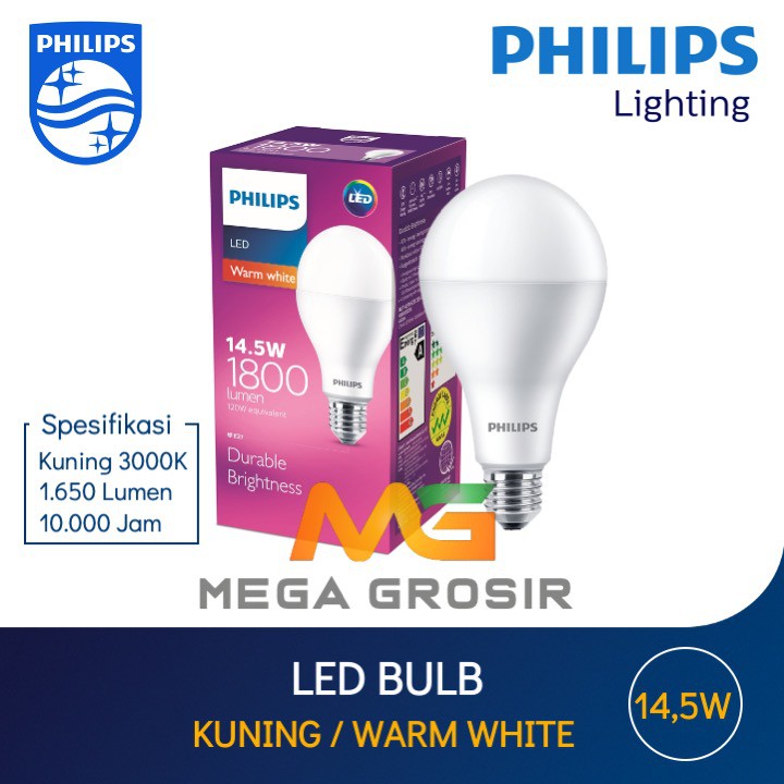 Jual Lampu Philips LED 14.5W Kuning Warm White 3000K (14.5 Watt 14,5W 14.5Watt) LEDBulb Original ...