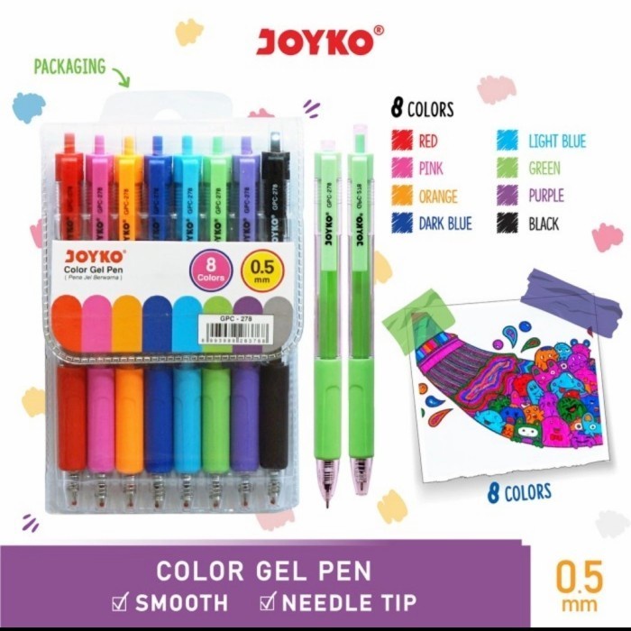 Jual PULPEN GEL / PEN GEL JOYKO / GEL COLOR SET 8 Warna 0.5 mm | Shopee ...