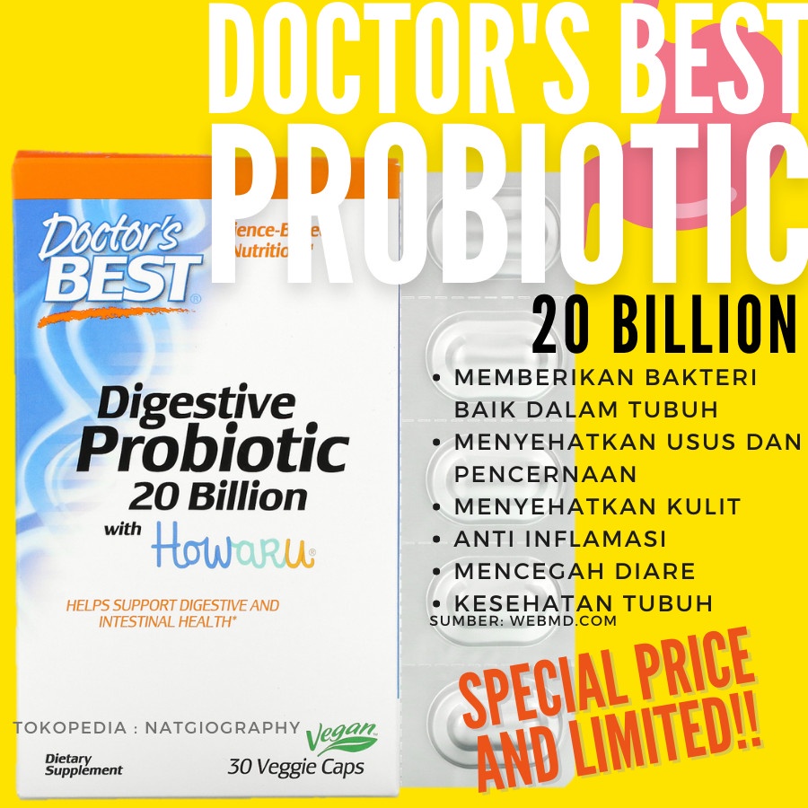 Jual Doctor's Best, Digestive Probiotic with Howaru 20 Billion CFU 30 ...