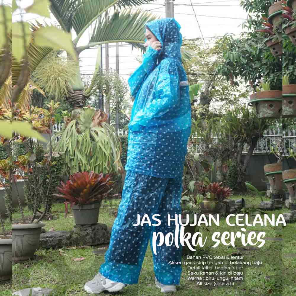 Jual JAS HUJAN WANITA setelan celana motif polkadot tebal trendy modis ...