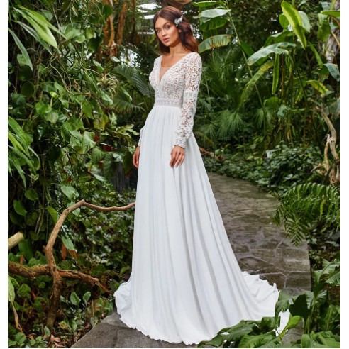 Jual gaun pengantin Neck Sweep Train A-line wedding dress | Shopee ...