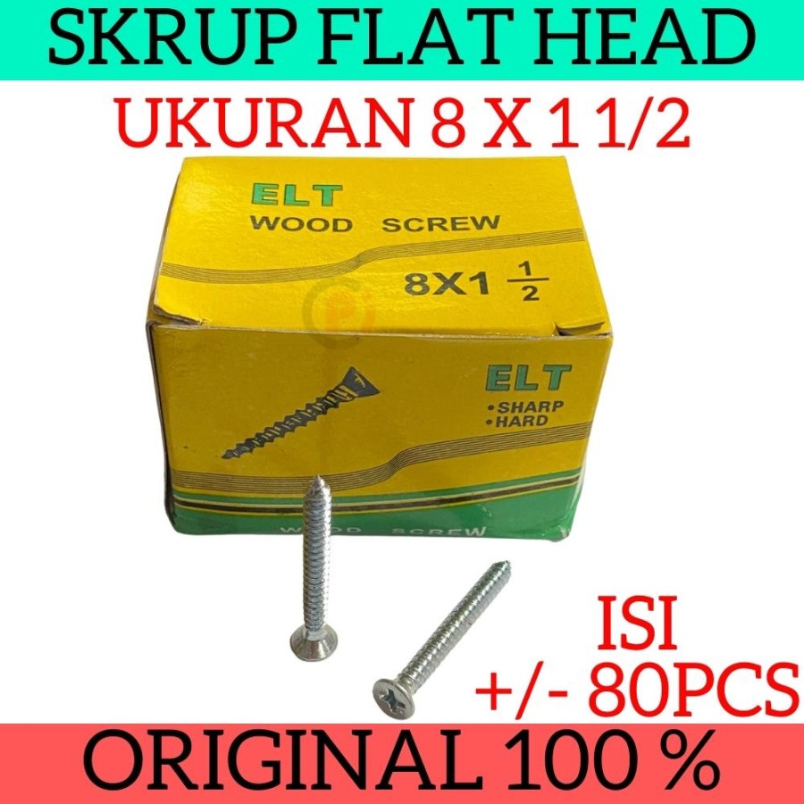 Jual Skrup Flat Head Kepala Datar Untuk Kayu Ukuran 8 6 x 1 1/2 5/8 3/4 ...