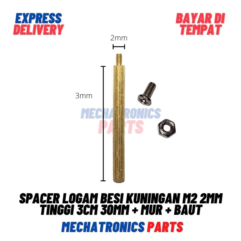 Jual Spacer Logam Besi Kuningan M2 2mm Tinggi 3cm 30mm +Mur +Baut ...