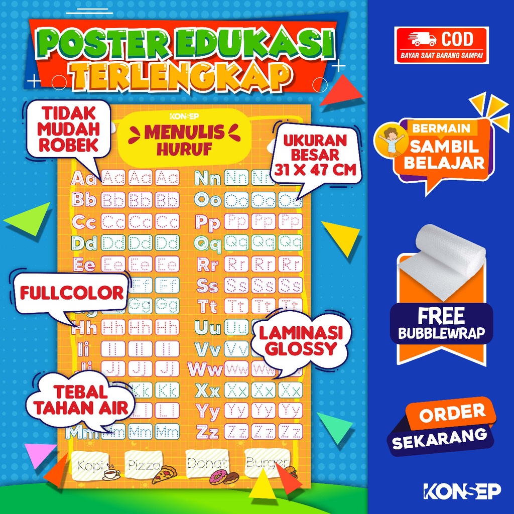 Jual Konsep Poster Edukasi Menulis Huruf Aa - Zz Laminasi Glossy Full ...