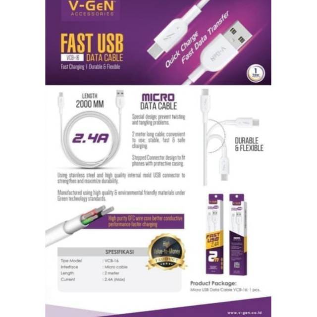 Jual Original V-Gen cable Kabel Data Charger Fast Charging 2.4A Micro ...