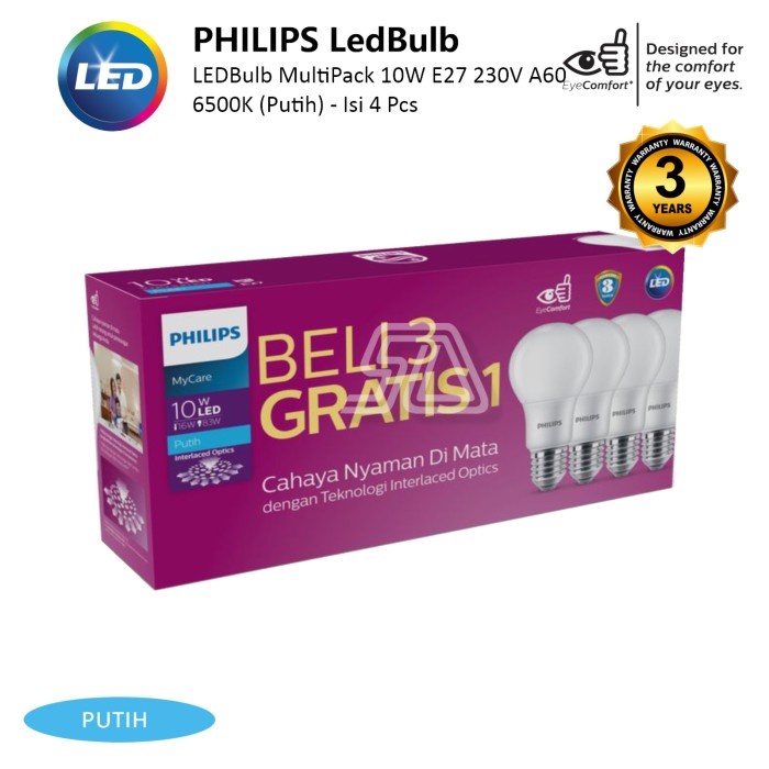 Jual Lampu Philips Multipack LEDBulb 10W E27 A60 MyCare Isi 4 Putih 6500K | Shopee Indonesia