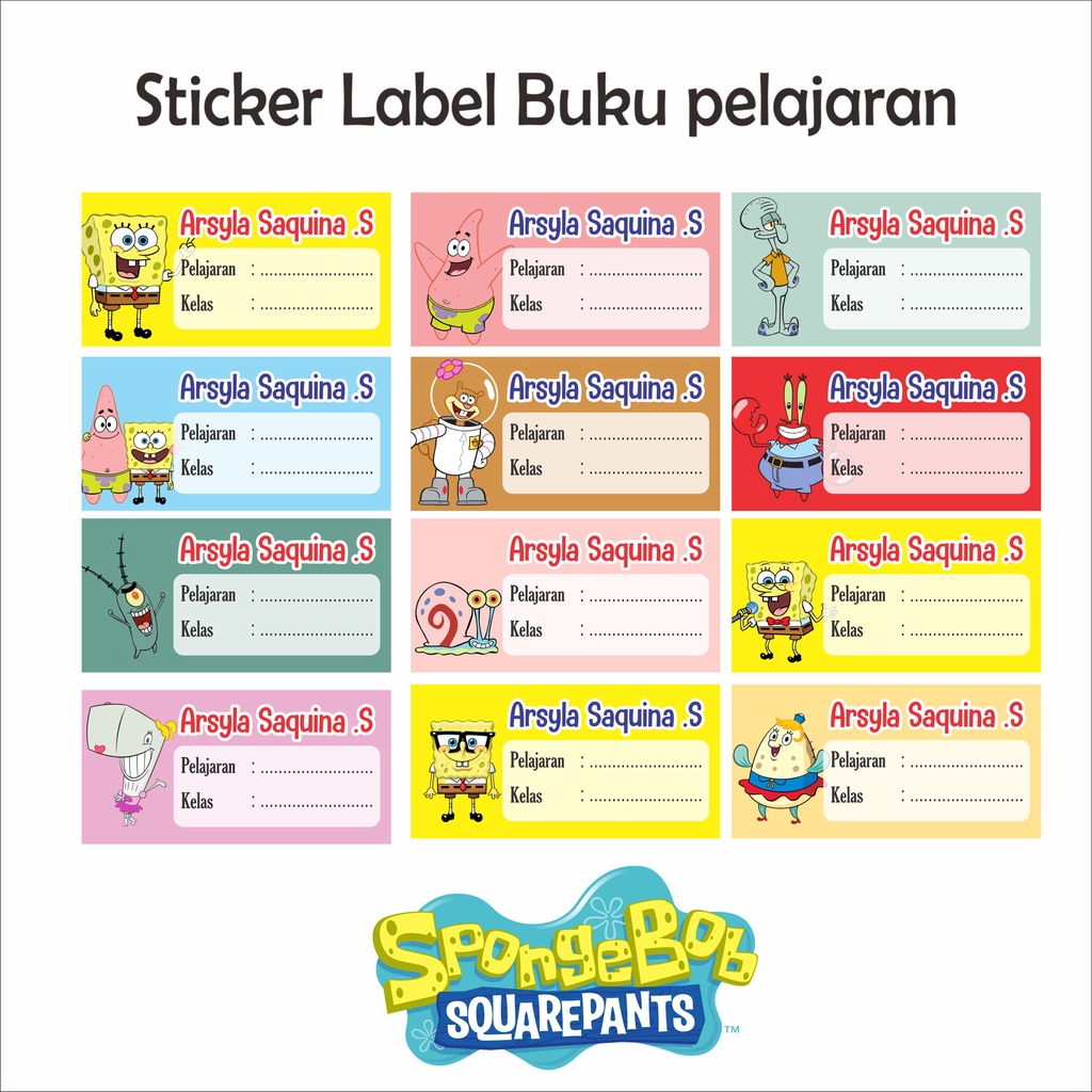 Jual STIKER LABEL NAMA / LABEL / BUKU KARAKTER Spongebob | Shopee Indonesia