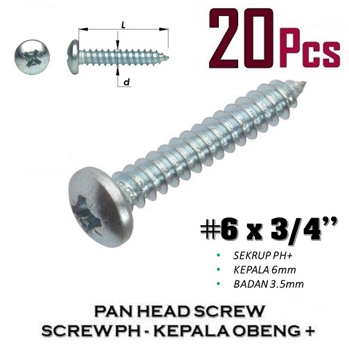 Jual Sekrup PH 6 x 3/4 Skrup Tapping kepala Bulat Cembung Obeng Plus ...