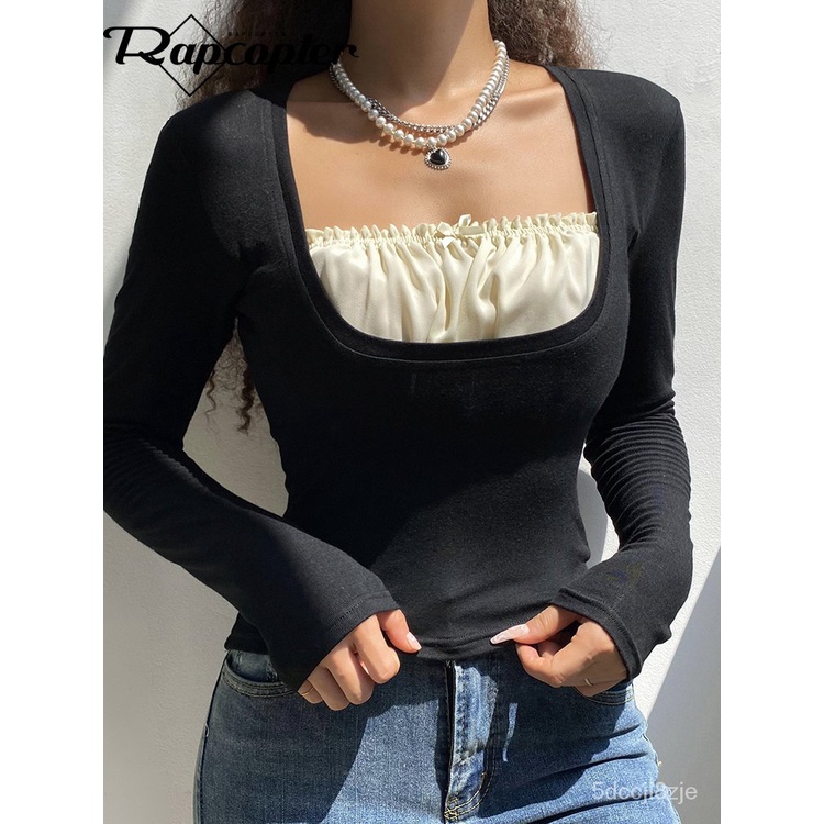 Jual Rapcopter Y2k Frill Crop Top Bow Cute T Shirt Patched Black Full