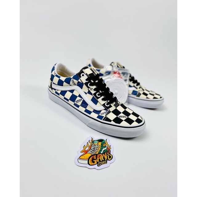Jual Vans old skool big checkerboard black navy (leaning leather crack ...