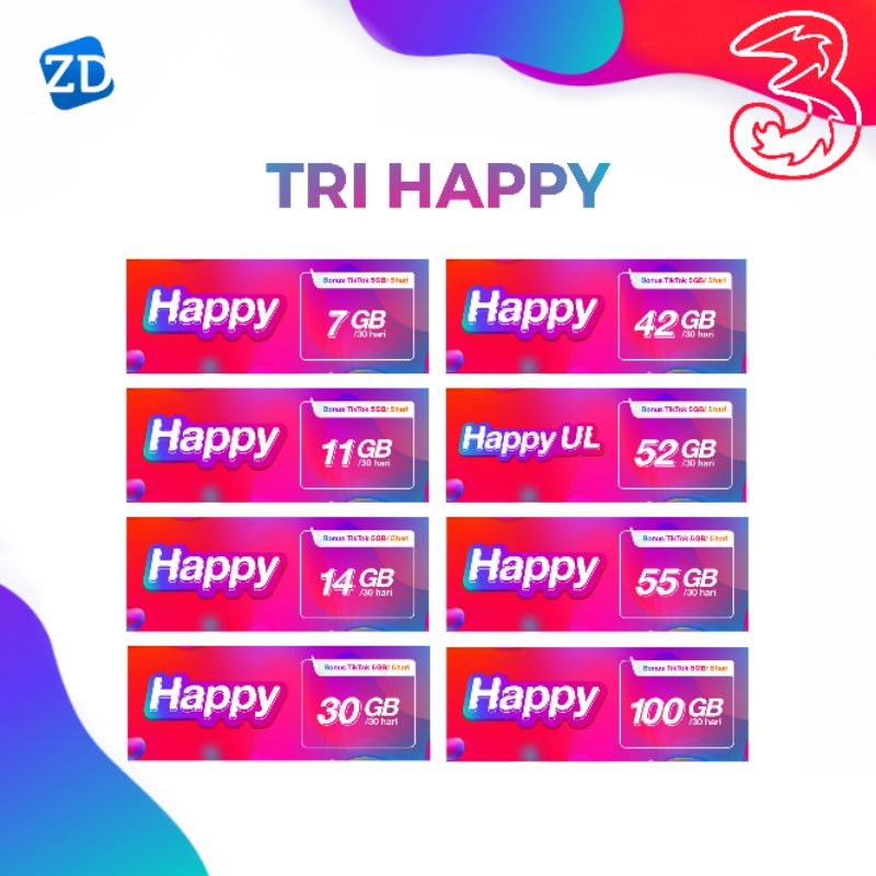 Jual Paket Data Tri Happy 100GB 55GB 42GB 30GB 18GB Full Kuota Utama 24 Jam | Shopee Indonesia