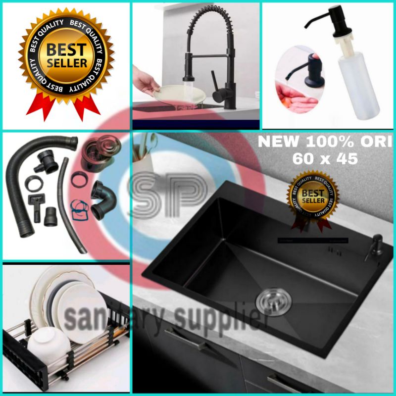 Jual KITCHEN SINK 6045 BLACK LENGKAP KRAN/KRAN TARIK/KRAN PIPA/KRAN ...