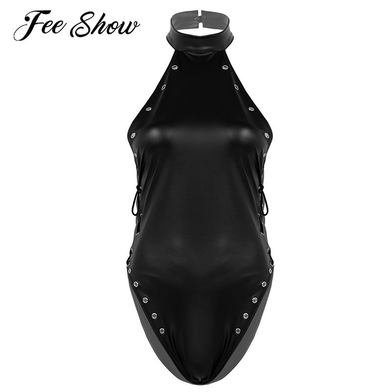 Jual Import Sexy Women Hot One Piece Pu Leather High Cut Bodysuit Catsuit Lingerie Halter Neck
