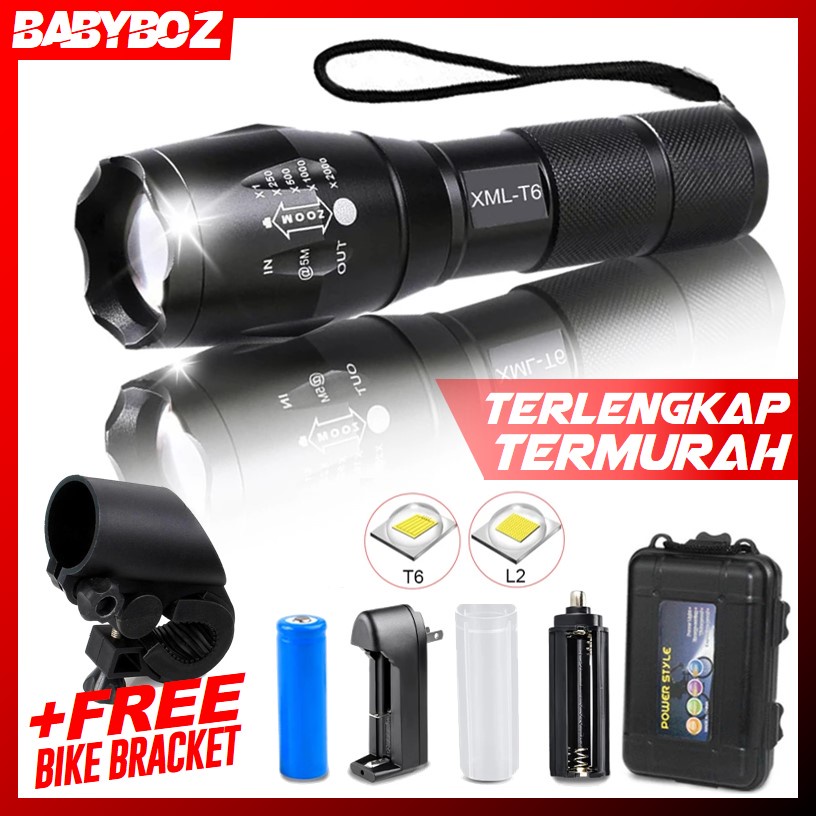 Jual Paket Komplit Senter Led Tactical Flashlight Cree XM-L2 8000 ...