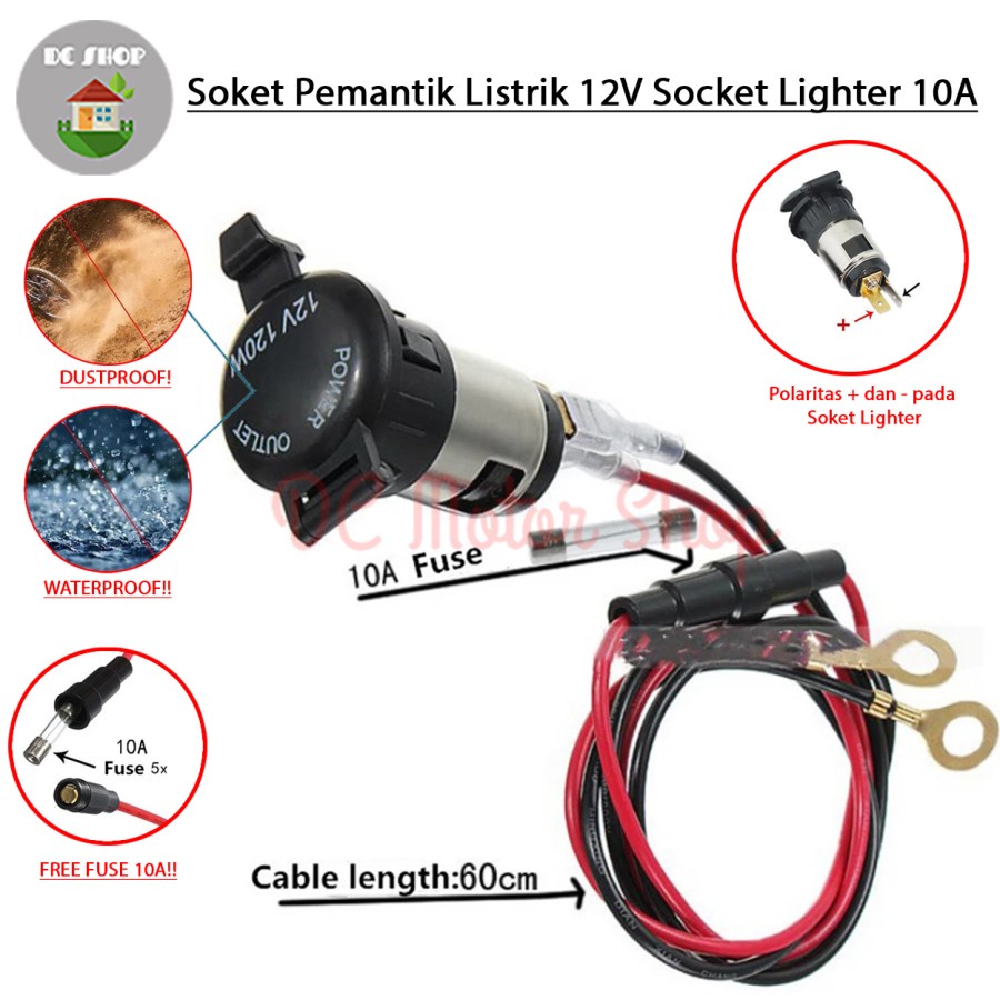 Jual Soket Pemantik Listrik 12V Socket Lighter Charger Mobil Motor 10A 120W | Shopee Indonesia