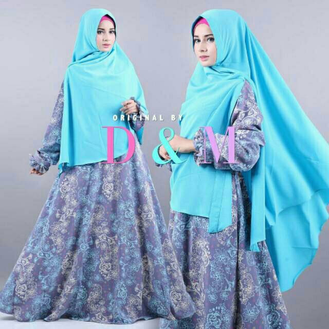 Jual Gamis Syari monalisa Shabby Khimar Dress maxi Grosir Hijab bubblepop crepe batik blue biru ...