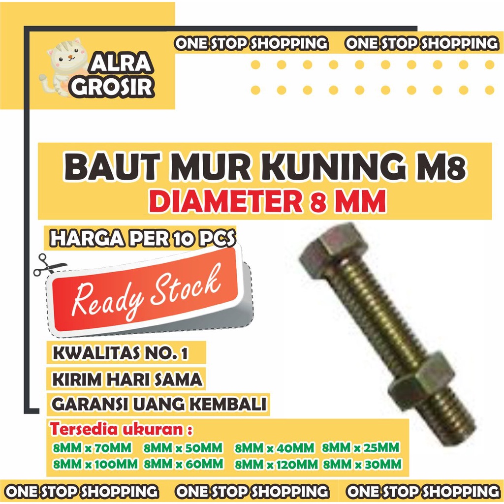 Jual BAUT MUR KUNING M8 DIAMETER 8MM BERBAGAI UKURAN HARGA PER 10 PCS ...