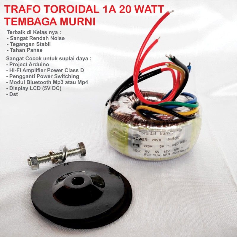 Jual TRAFO TOROID 1A 0 18V TOROIDAL TRANSFORMER 20 WATT 0 5V 15V 18V ...