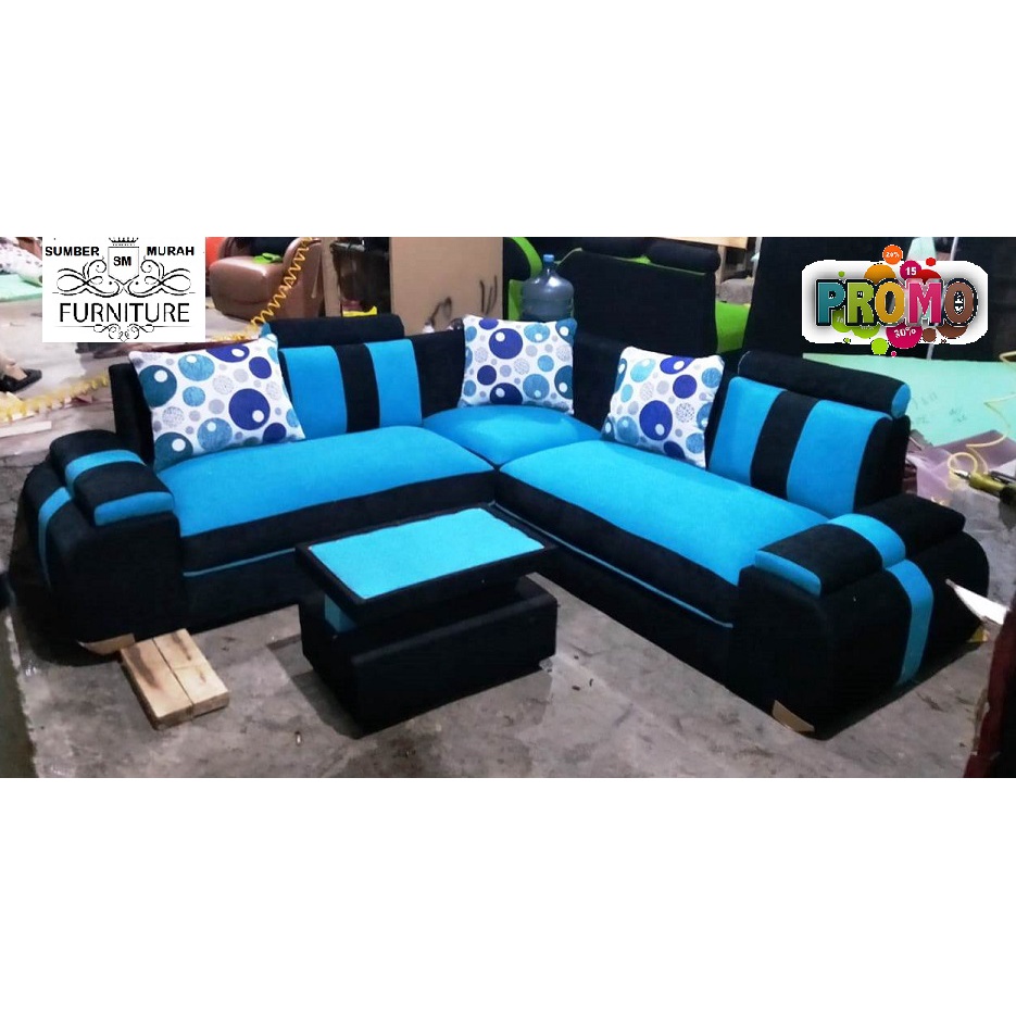 Jual Sofa L sudut minimalis biru +meja | Shopee Indonesia