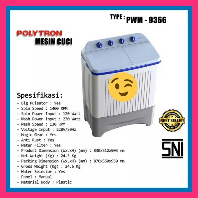 Jual Mesin Cuci Twin Tube Polytron PWM-9366 new Model Terbaru ...