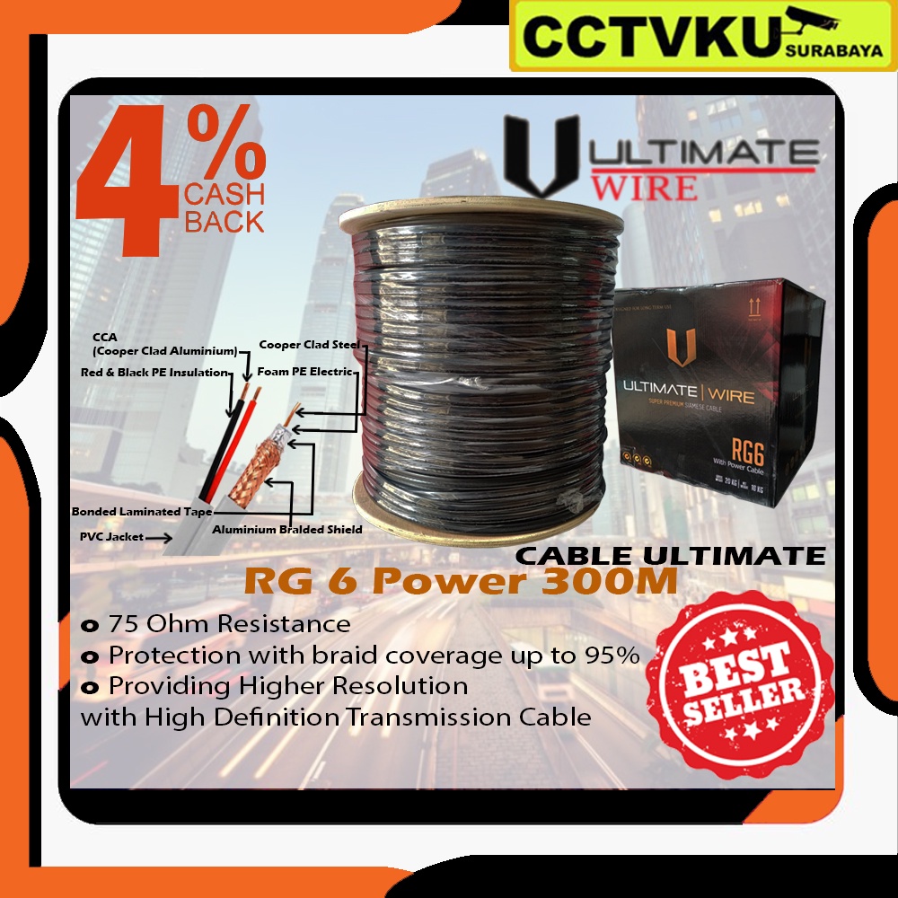 Jual KABEL CCTV RG6+P 300 METER ULTIMATE WIRE (KABEL CCTV + POWER ...