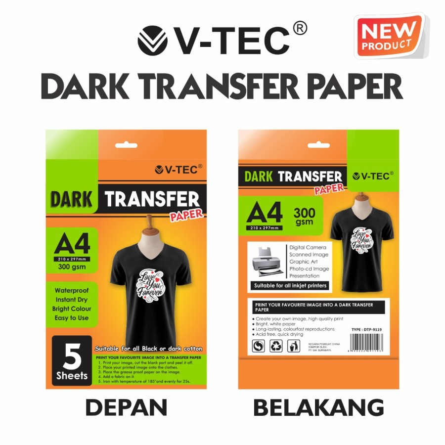 Jual KERTAS SUBLIM TRANSFER PAPER DARK A4 300G V-TEC untuk Sablon Kaos ...
