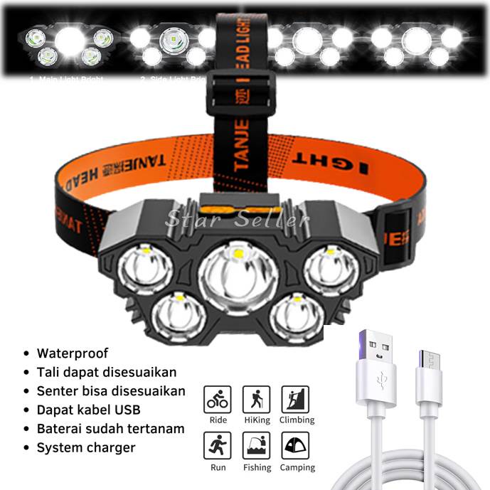 Jual Senter Kepala 5 LED USB Rechargeable Super Terang 50w 4 Mode Mirip MS-1924 | Shopee Indonesia