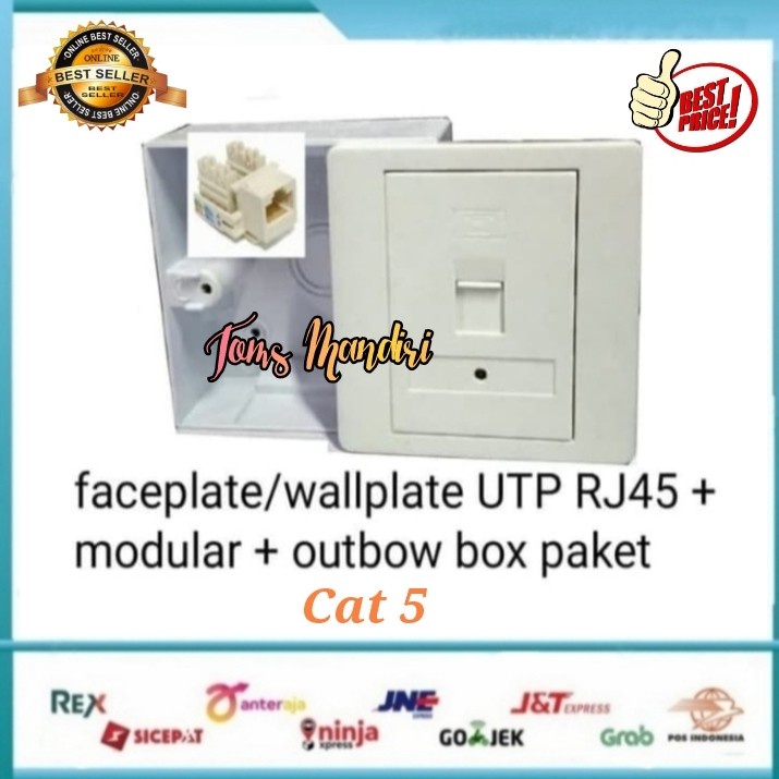 Jual Faceplate/wallplate RJ45/UTP/LAN 1hole/port+modular Cat5+outbow ...