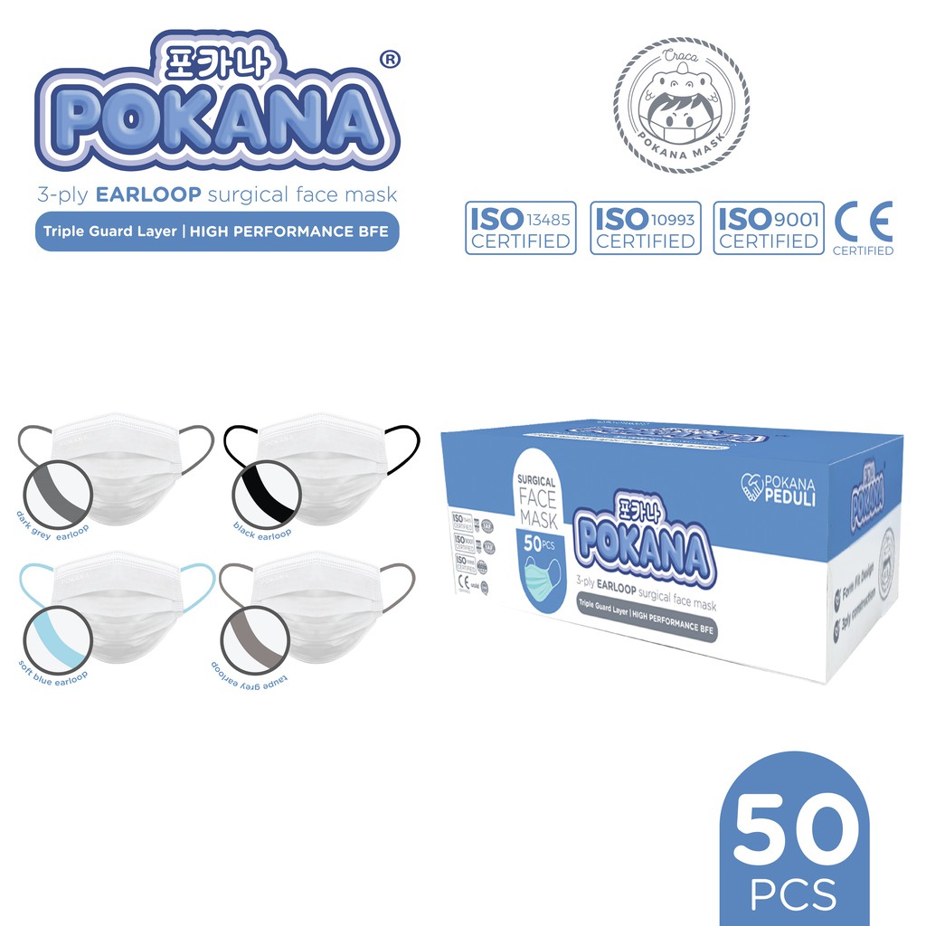 Jual POKANA 3-ply Earloop Surgical Face Mask – isi 50 s - White Series ...