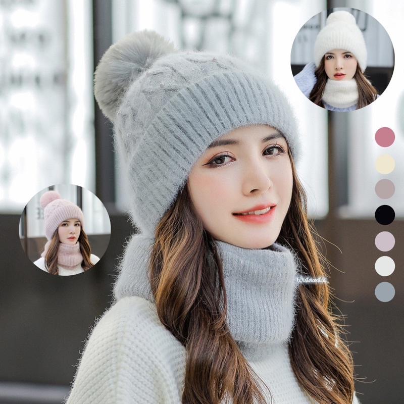 Jual Beanie hat topi kupluk 1 set neck warmer penghangat telinga Maudy ...