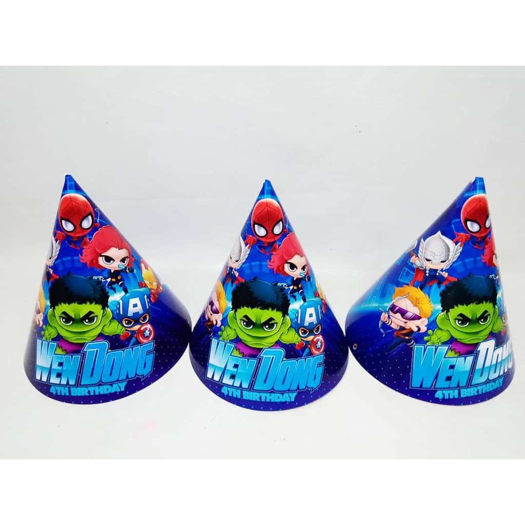 Jual topi kerucut avengers digital / topi ulang tahun custom avengers ...