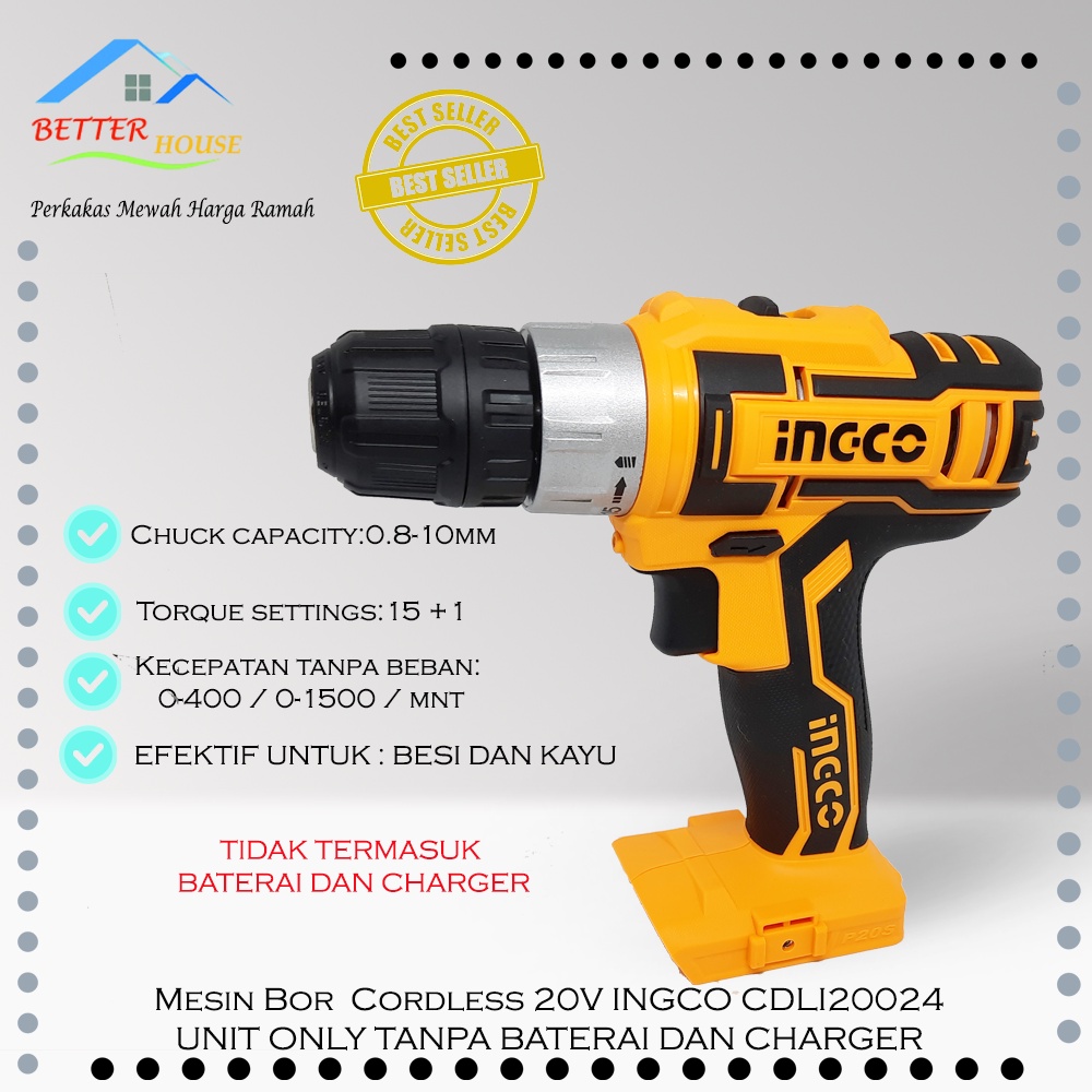 Jual MESIN BOR CORDLESS 20V INGCO CDLI20024 UNIT ONLY | Shopee Indonesia