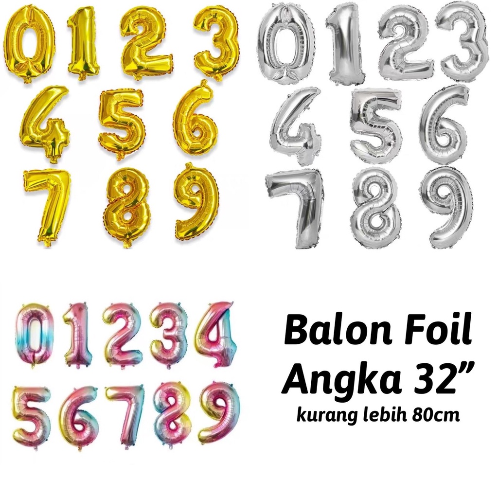 Jual Balon Foil Angka Gold / Silver / Rainbow / Black Ukuran 80 cm / 32 ...