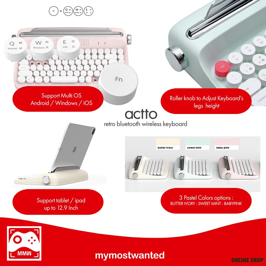 Jual Actto Keyboard Bluetooth Wireless Keyboard Retro Typewriter Pink ...