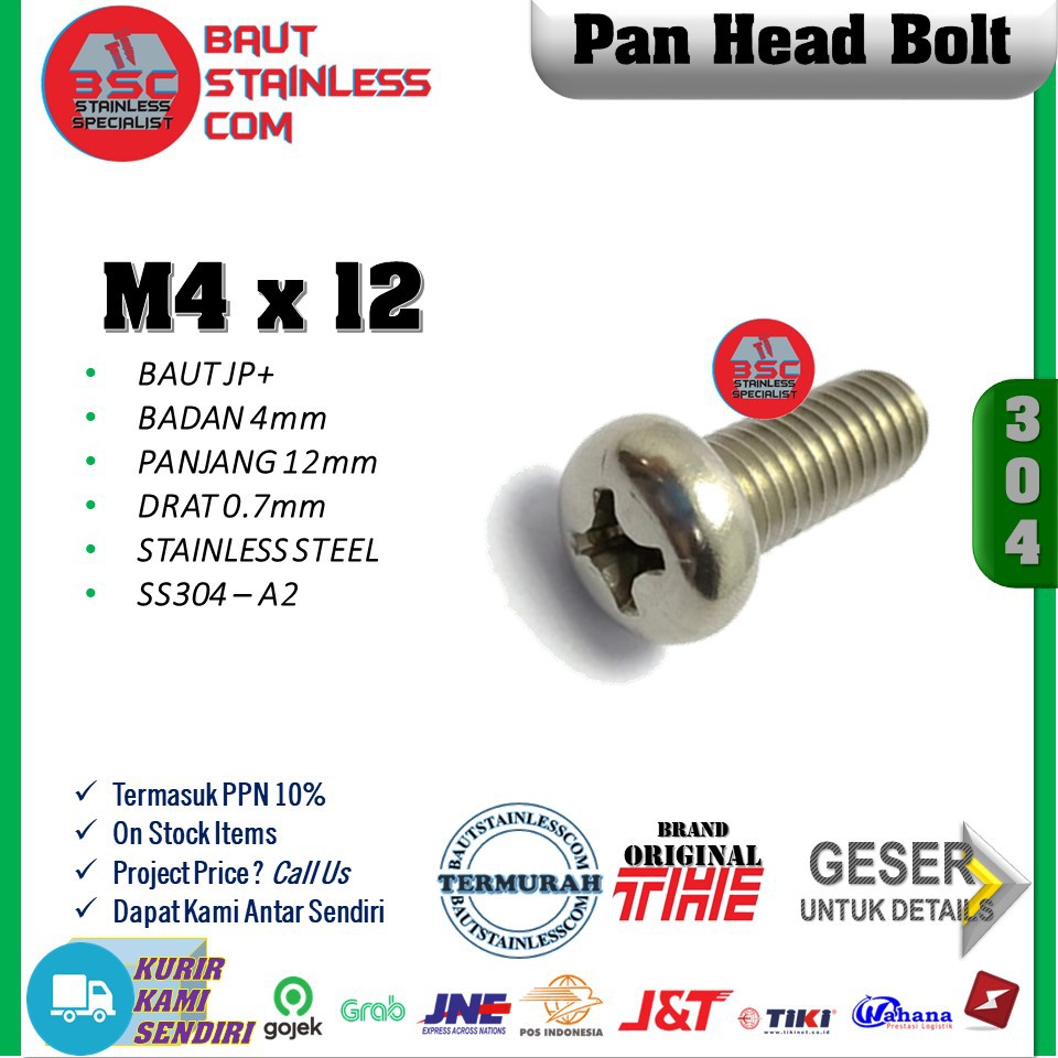 Jual PAN HEAD BOLT JP+ STAINLEESS SS304 A2 M4X12 ISI 10 PCS | Shopee ...