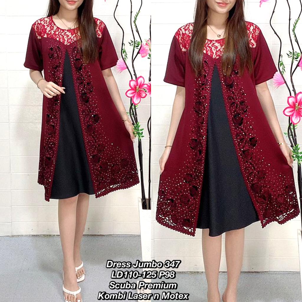 Jual Dress jumbo 347 - Bahan Scuba Premium - Variasi Brukat dan Laser - Baju Natal - Dres Pesta ...